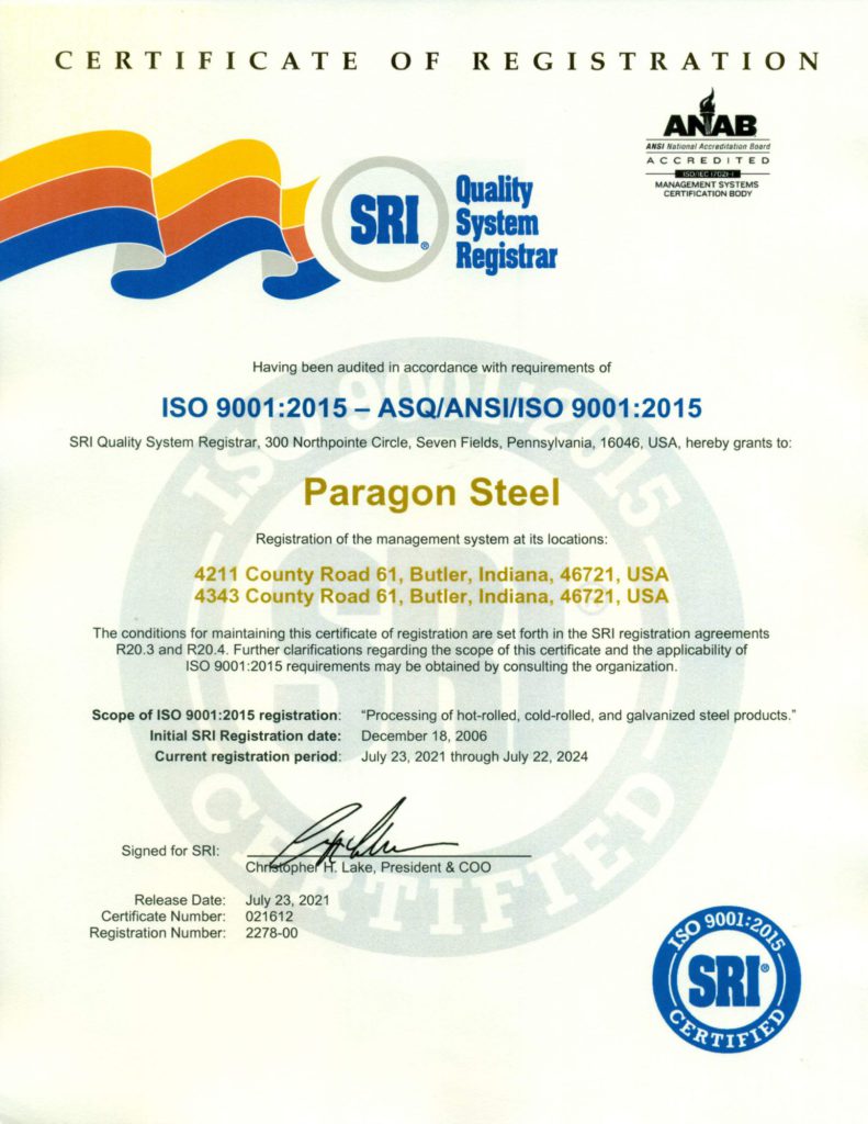 ISO Certification – Paragon Steel